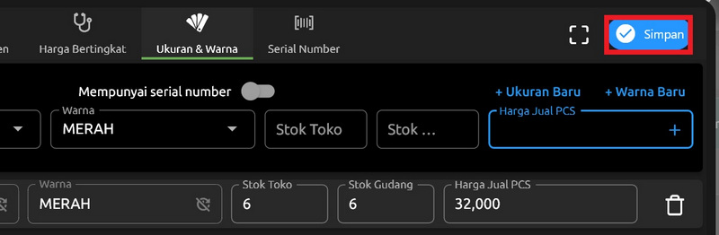 INPUT DATA BARANG YANG MEMILIKI UKURAN DAN WARNA PADA APLIKASI KASIR SIDRETAIL AE